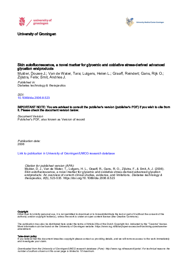 (PDF) Skin Autofluorescence, a Novel Marker for Glycemic and Oxidative ...