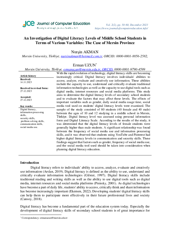 (PDF) An Investigation of Digital Literacy Levels of Middle School ...