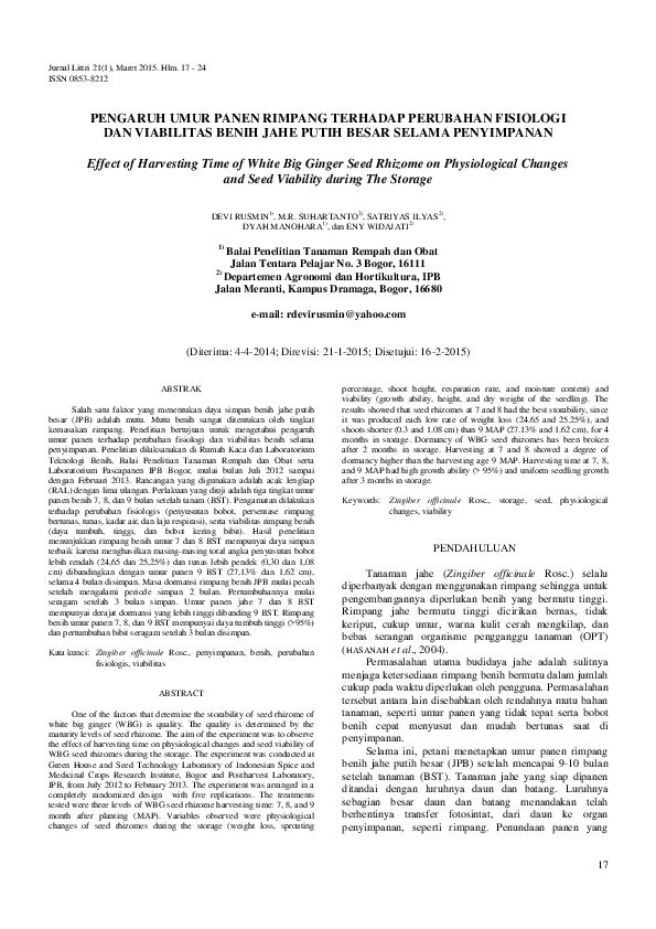 (PDF) Pengaruh Umur Panen Rimpang Terhadap Perubahan Fisiologi Dan ...