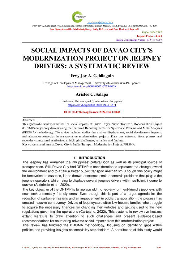 (PDF) SOCIAL IMPACTS OF DAVAO CITY’S MODERNIZATION PROJECT ON JEEPNEY ...