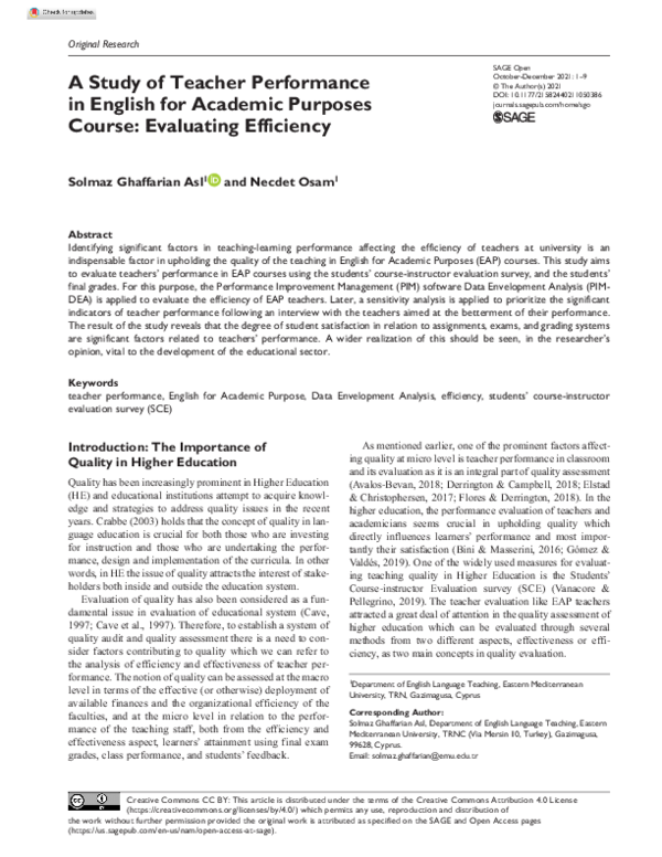 (PDF) A Study of Teacher Performance in English for Academic Purposes Course: Evaluating Efficiency