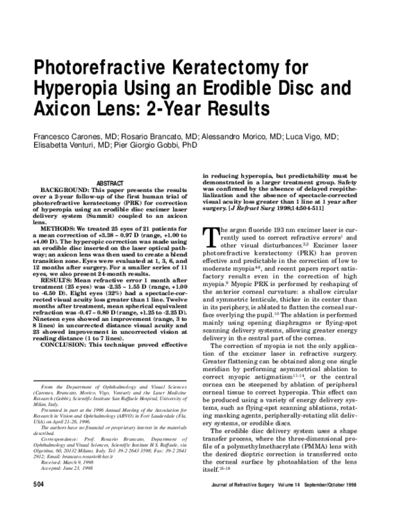 (PDF) Photorefractive Keratectomy for Hyperopia Using an Erodible Disc ...