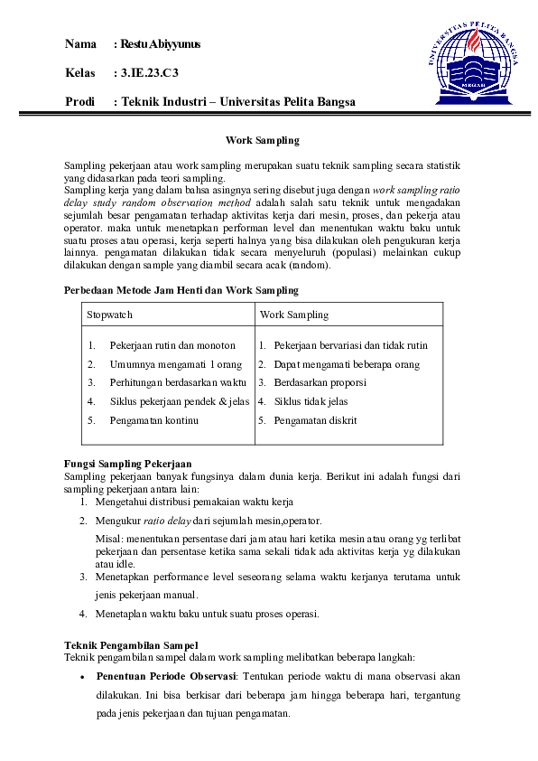 (PDF) Work Sampling (Sampling Pekerjaan)