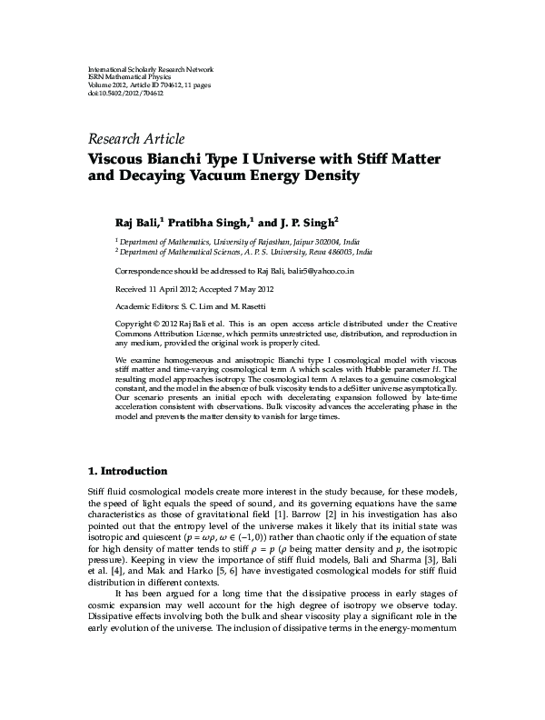 (PDF) Viscous Bianchi Type I Universe with Stiff Matter and Decaying Vacuum Energy Density