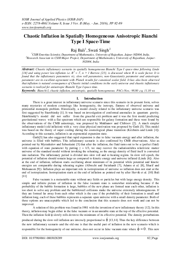 Pdf Chaotic Inflation In Spatially Homogeneous Anisotropic Bianchi Type I Space Time Raj