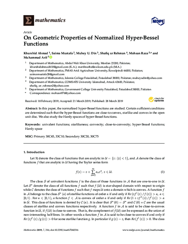 Pdf On Geometric Properties Of Normalized Hyper Bessel Functions