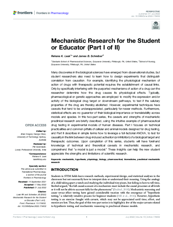 (PDF) Mechanistic Research for the Student or Educator (Part I of II ...