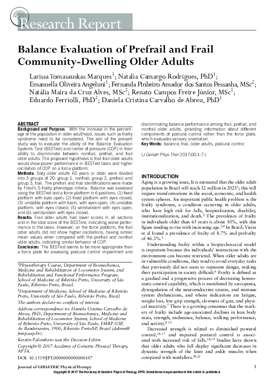 (PDF) Balance Evaluation of Prefrail and Frail Community-Dwelling Older Adults