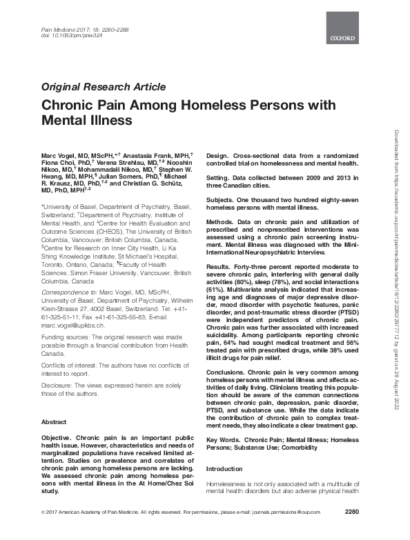 (PDF) Chronic Pain Among Homeless Persons with Mental Illness