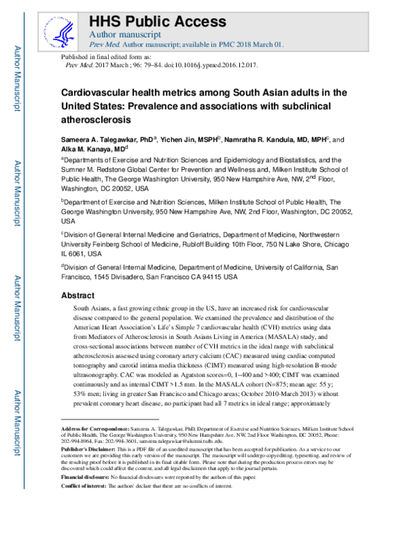 (PDF) Cardiovascular health metrics among South Asian adults in the ...