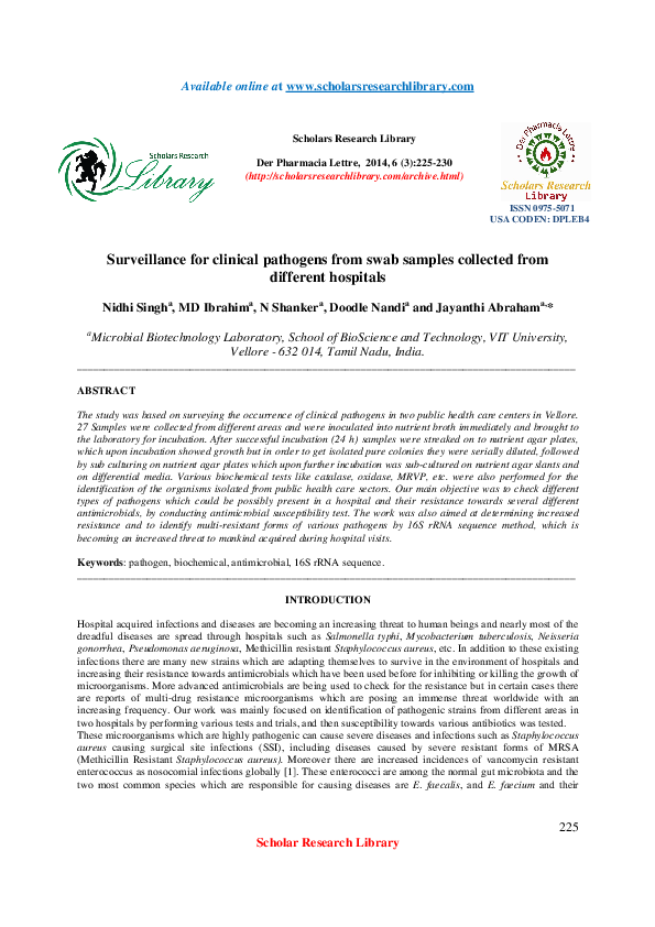 (PDF) Surveillance for clinical pathogens from swab samples collected ...