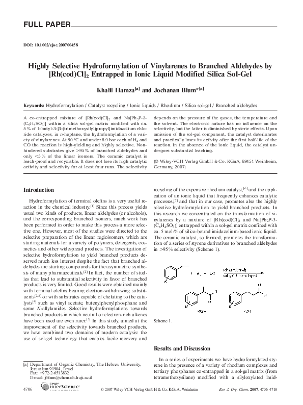 (PDF) Highly Selective Hydroformylation of Vinylarenes to Branched ...