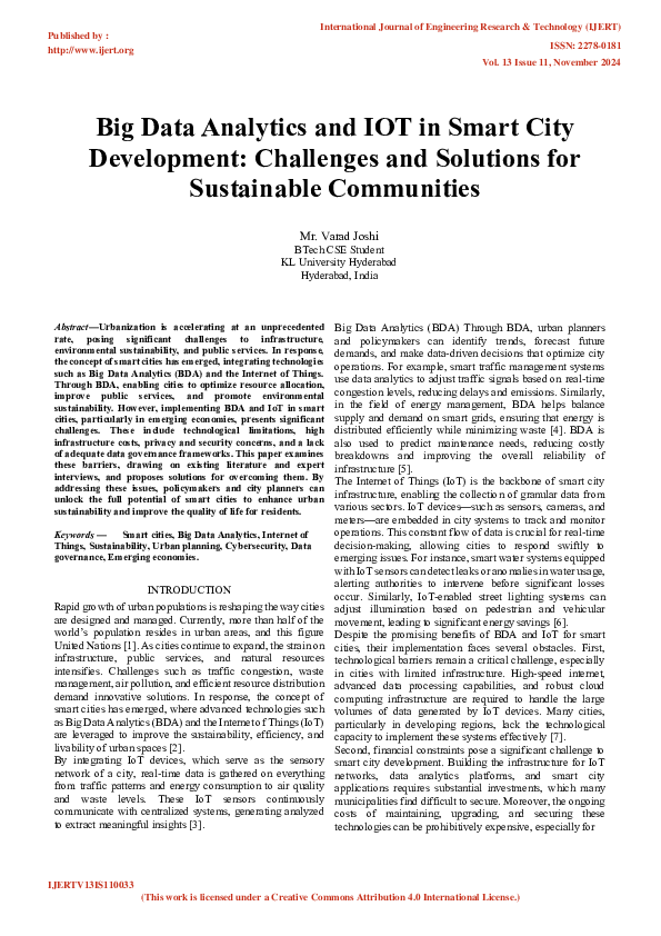(PDF) Big Data Analytics and IOT in Smart City Development Challenges and Solutions for ...