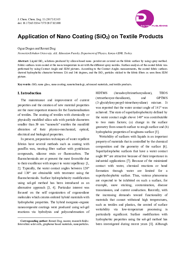 (PDF) Application of Nano Coating (SiO2) on Textile Products