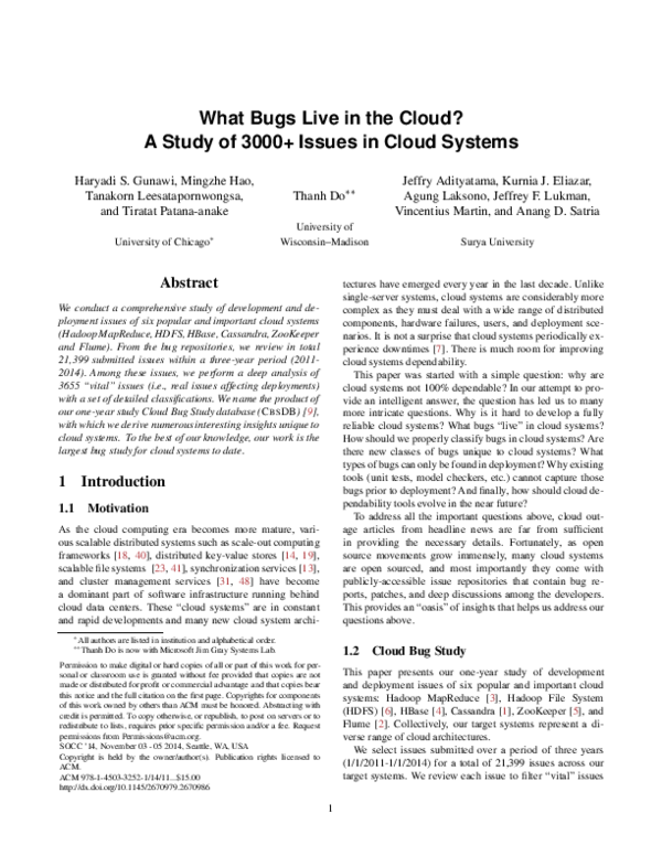 (PDF) What Bugs Live in the Cloud? A Study of 3000+ Issues in Cloud Systems