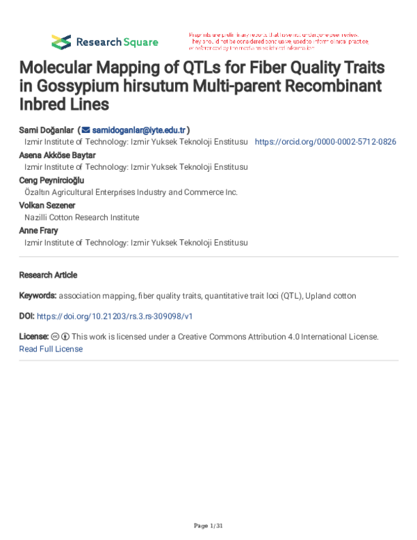 (PDF) Molecular Mapping of QTLs for Fiber Quality Traits in Gossypium hirsutum Multi-parent ...