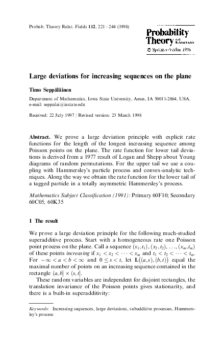 (PDF) Large deviations for increasing sequences on the plane