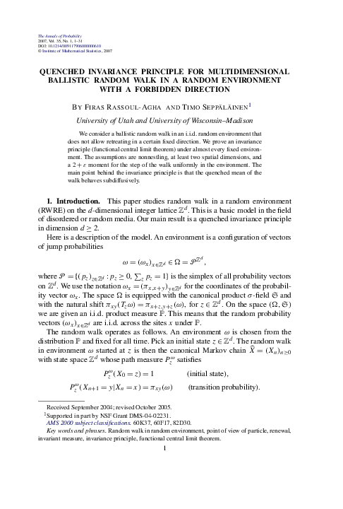 (PDF) Quenched invariance principle for multidimensional ballistic ...
