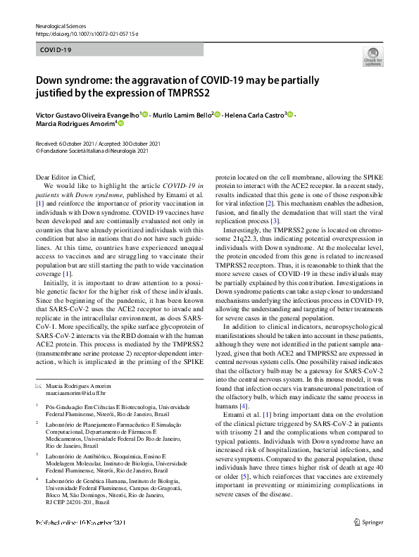 (PDF) Down syndrome: the aggravation of COVID-19 may be partially ...