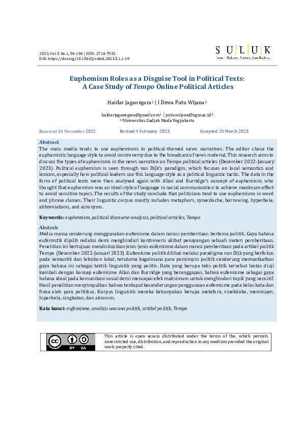 (PDF) Euphemism roles as a disguise tool in political texts: A case ...