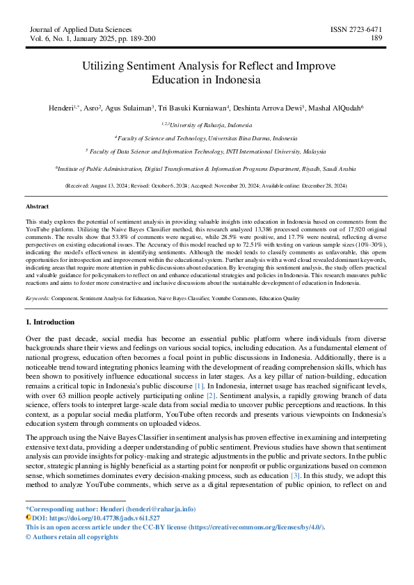 (PDF) Utilizing Sentiment Analysis for Reflect and Improve Education in Indonesia