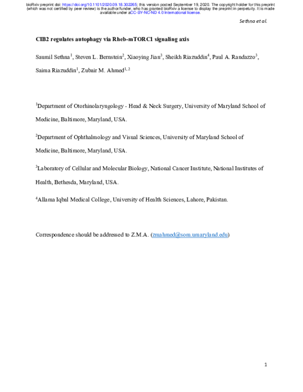 (PDF) CIB2 regulates autophagy via Rheb-mTORC1 signaling axis | Paul ...