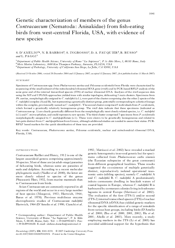 (PDF) Genetic characterization of members of the genus Contracaecum ...