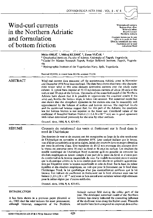 (PDF) Wind-curl currents in the Northern Adriatic and formulation of ...