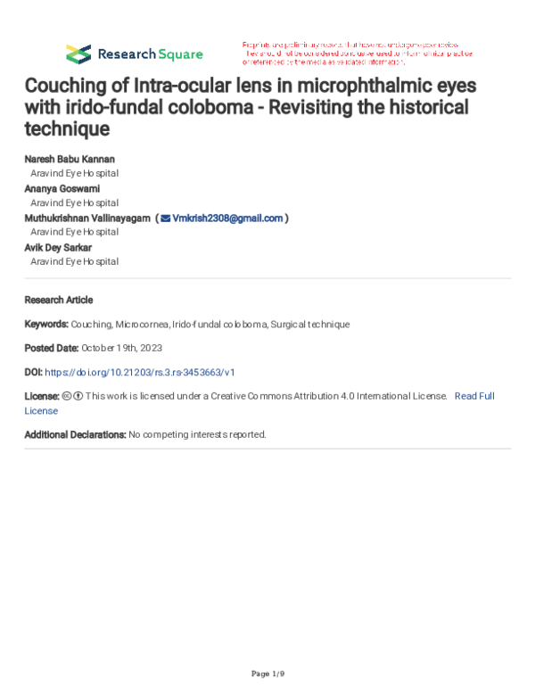 (PDF) Couching of Intra-ocular lens in microphthalmic eyes with irido ...