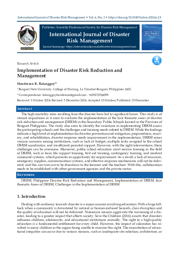 (PDF) Implementation of Disaster Risk Reduction and Management