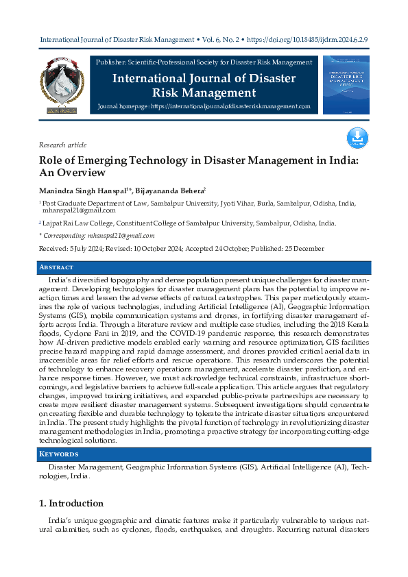 (PDF) Role of Emerging Technology in Disaster Management in India: An ...