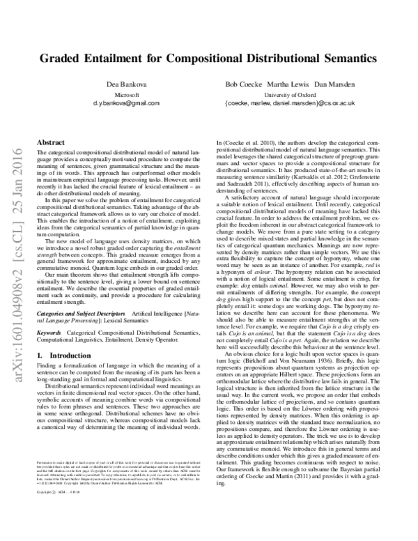 (PDF) Graded Entailment for Compositional Distributional Semantics