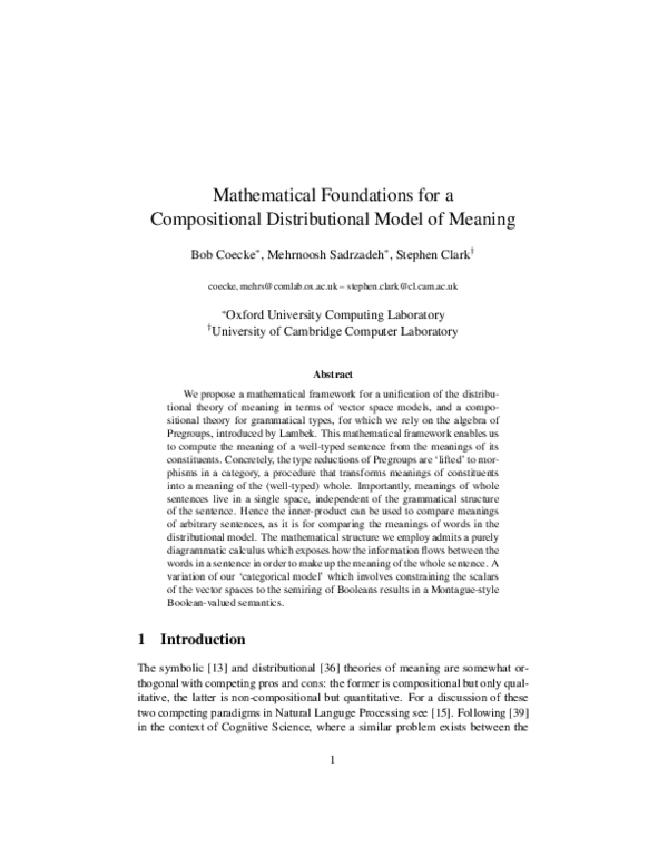 (PDF) Mathematical Foundations for a Compositional Distributional Model of Meaning