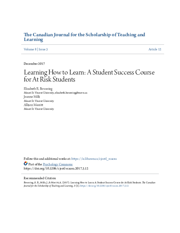 (PDF) Learning How to Learn: A Student Success Course for At Risk Students