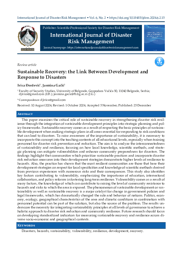 (PDF) Sustainable Recovery: the Link Between Development and Response ...