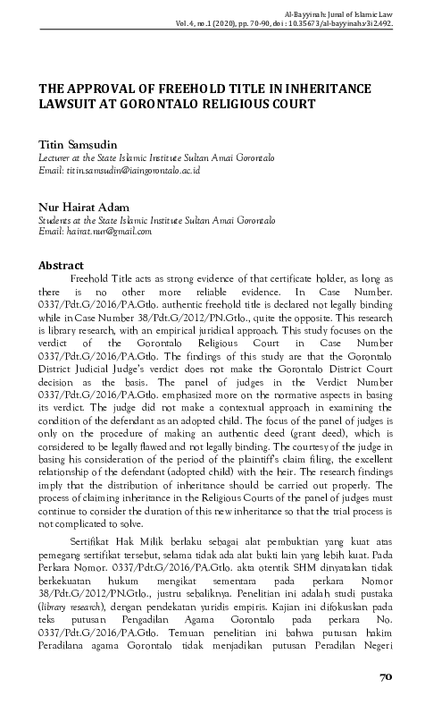 (PDF) The Approval of Freehold Title in Inheritance Lawsuit at ...