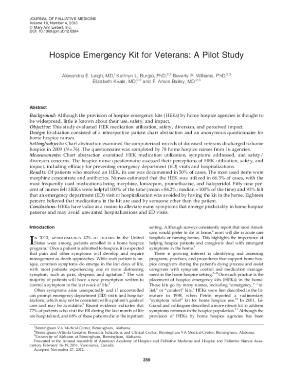 (PDF) Hospice Emergency Kit for Veterans: A Pilot Study