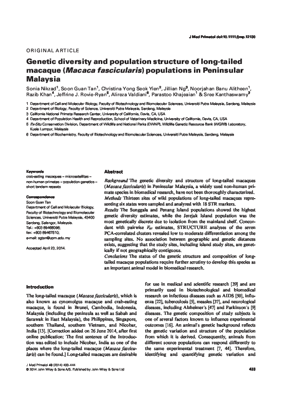 (PDF) Genetic diversity and population structure of long-tailed macaque ( Macaca fascicularis ...