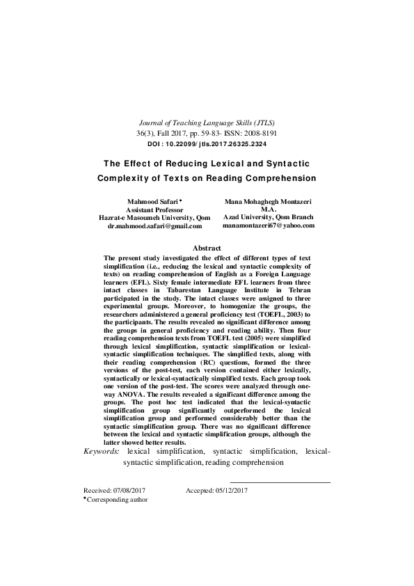 Pdf The Effect Of Reducing Lexical And Syntactic Complexity Of Texts