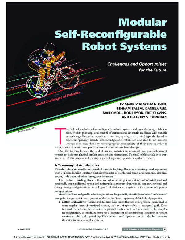 Pdf Modular Self Reconfigurable Robot Systems