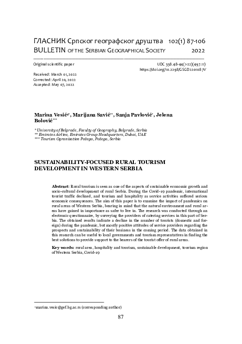 Pdf Sustainability Focused Rural Tourism Development In Western Serbia