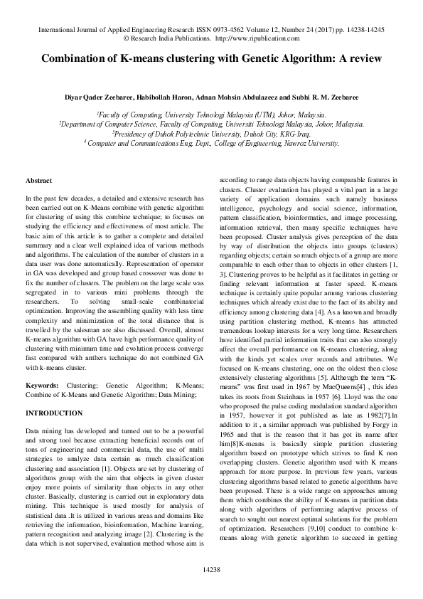 (PDF) Combination of K-means clustering with Genetic Algorithm: A review