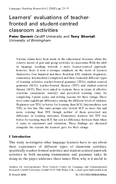 (PDF) Learners’ evaluations of teacher-fronted and student-centred classroom activities