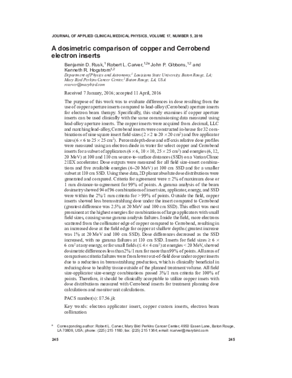 (PDF) A dosimetric comparison of copper and Cerrobend electron inserts
