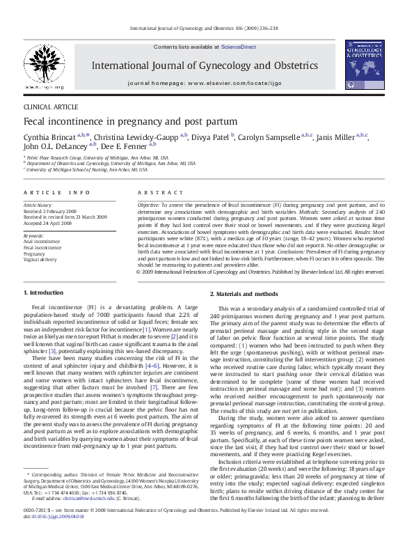 (PDF) Fecal Incontinence in Pregnancy and Postpartum