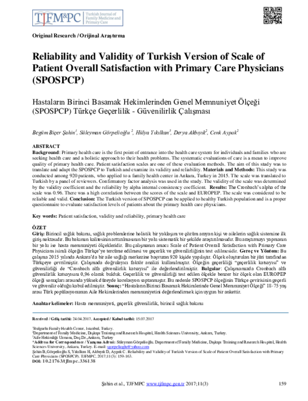 (PDF) Reliability and Validity of Turkish Version of Scale of Patient Overall Satisfaction with ...