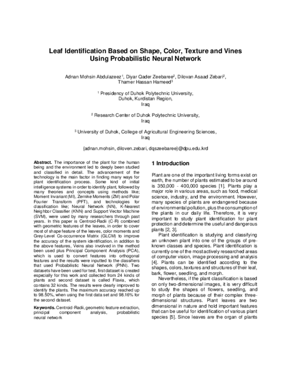 (PDF) Leaf Identification Based on Shape, Color, Texture and Vines Using Probabilistic Neural ...