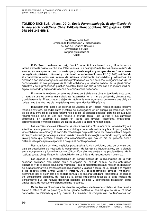 (PDF) Ulises Toledo Nickels. Socio-fenomenología. El significado de la ...