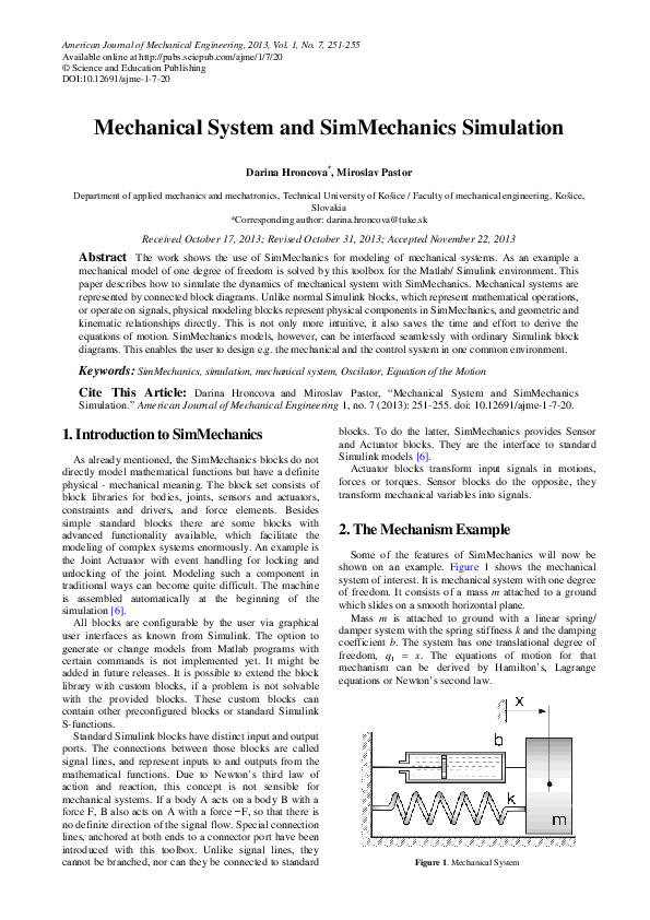 (PDF) Mechanical System and SimMechanics Simulation