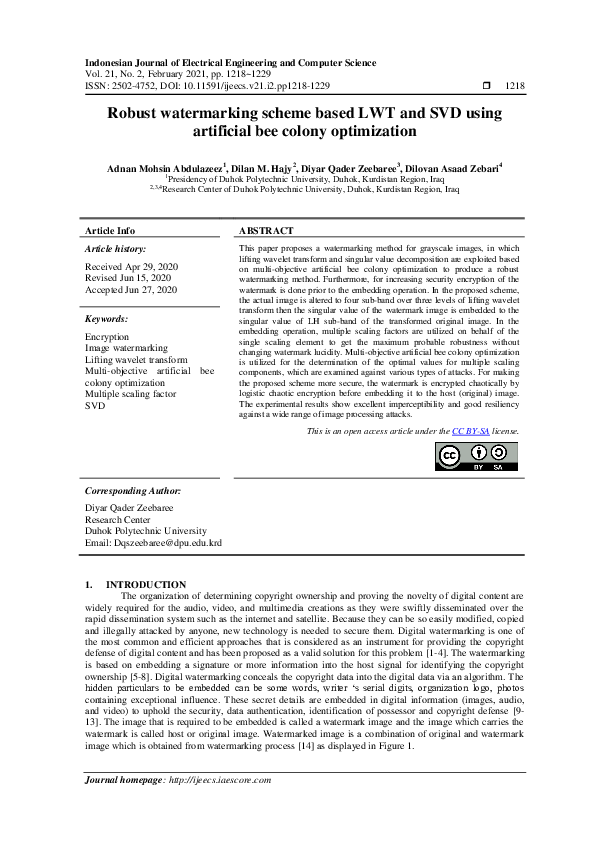 (PDF) Robust watermarking scheme based LWT and SVD using artificial bee colony optimization